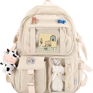 Stylifeo Kawaii Backpack with Cute Cow Plush Pin Accessories Large Capacity Aesthetic School Bags Cute Bookbag for Girls Teen (Beige)