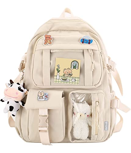 Stylifeo Kawaii Backpack with Cute Cow Plush Pin Accessories Large Capacity Aesthetic School Bags Cute Bookbag for Girls Teen (Beige)