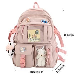 Stylifeo Kawaii Backpack with Cute Cow Plush Pin Accessories Large Capacity Aesthetic School Bags Cute Bookbag for Girls Teen (Beige)