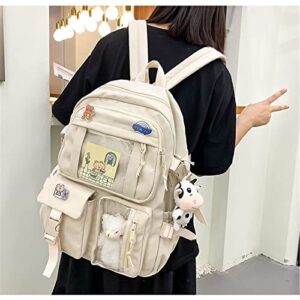 Stylifeo Kawaii Backpack with Cute Cow Plush Pin Accessories Large Capacity Aesthetic School Bags Cute Bookbag for Girls Teen (Beige)