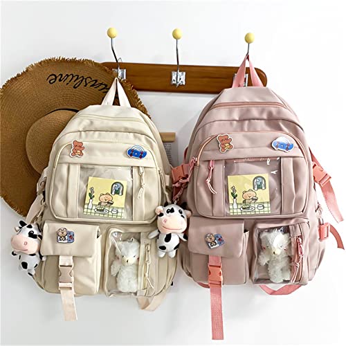 Stylifeo Kawaii Backpack with Cute Cow Plush Pin Accessories Large Capacity Aesthetic School Bags Cute Bookbag for Girls Teen (Beige)