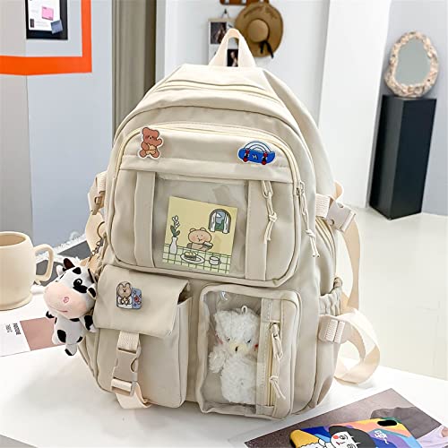 Stylifeo Kawaii Backpack with Cute Cow Plush Pin Accessories Large Capacity Aesthetic School Bags Cute Bookbag for Girls Teen (Beige)