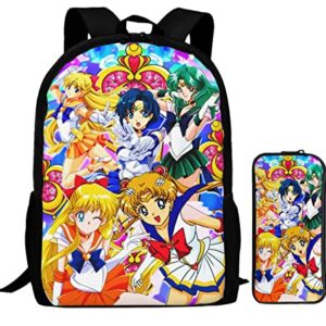 3D Anime Backpack Cartoon Backpacks 17in Bookbag Anime Laptop Daypack Matching Pencil Case Set Color S1