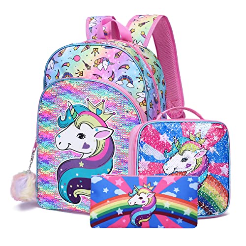 NOACLEA 3pcs Girls Unicorn Sequins Backpack Set Kids School Backpack With Lunch Box Pencil Case.