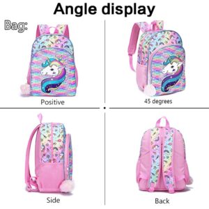 NOACLEA 3pcs Girls Unicorn Sequins Backpack Set Kids School Backpack With Lunch Box Pencil Case.