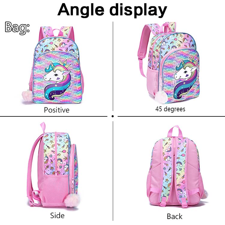 NOACLEA 3pcs Girls Unicorn Sequins Backpack Set Kids School Backpack With Lunch Box Pencil Case.