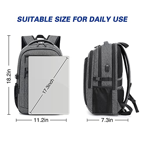 Travel Laptop Backpack for Men & Women, Anti-theft Business Work Backpack Fit up to 17.3 Inch Laptop with USB Charging Port, Water Resistant Slim Backpack Grey College School Bag Bookbag for Students