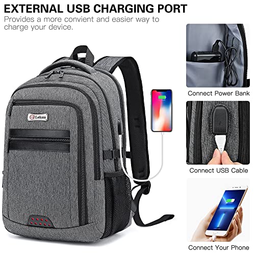 Travel Laptop Backpack for Men & Women, Anti-theft Business Work Backpack Fit up to 17.3 Inch Laptop with USB Charging Port, Water Resistant Slim Backpack Grey College School Bag Bookbag for Students