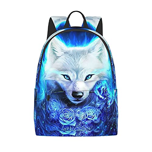 FeHuew 16 inch backpack Fantasy Blue Roses Wolf Laptop Backpack Full Print School Bookbag Shoulder Bag for Travel Daypack