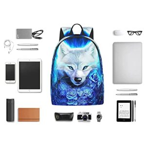 FeHuew 16 inch backpack Fantasy Blue Roses Wolf Laptop Backpack Full Print School Bookbag Shoulder Bag for Travel Daypack