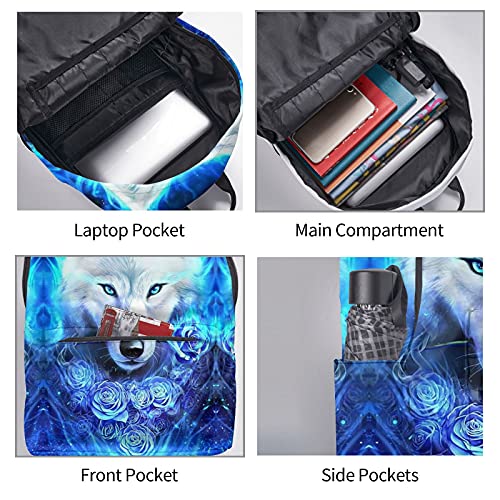 FeHuew 16 inch backpack Fantasy Blue Roses Wolf Laptop Backpack Full Print School Bookbag Shoulder Bag for Travel Daypack