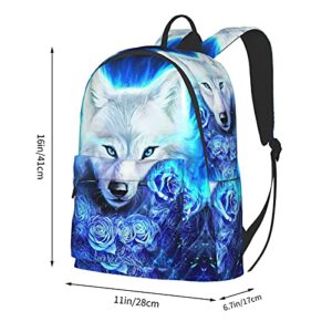 FeHuew 16 inch backpack Fantasy Blue Roses Wolf Laptop Backpack Full Print School Bookbag Shoulder Bag for Travel Daypack