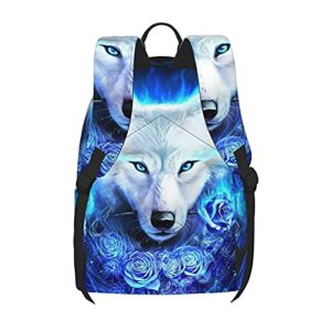 FeHuew 16 inch backpack Fantasy Blue Roses Wolf Laptop Backpack Full Print School Bookbag Shoulder Bag for Travel Daypack