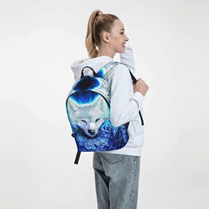 FeHuew 16 inch backpack Fantasy Blue Roses Wolf Laptop Backpack Full Print School Bookbag Shoulder Bag for Travel Daypack