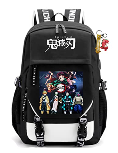 jupkem Anime Demon Backpack Bag USB with Charging Port Student School Bag Laptop Cosplay for Boys Girls (Black, One Size)