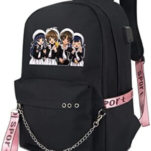 Roffatide Anime Cardcaptor Sakura Backpack Kinomoto Syaoran Li Tomoyo Daidouji Meiling Li Backpack Book Bag Laptop School Bag with USB Charging Port and Headphone Port