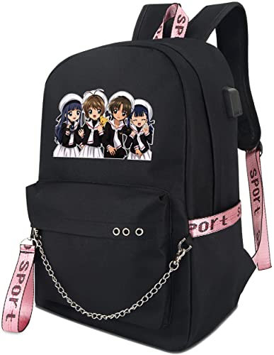 Roffatide Anime Cardcaptor Sakura Backpack Kinomoto Syaoran Li Tomoyo Daidouji Meiling Li Backpack Book Bag Laptop School Bag with USB Charging Port and Headphone Port