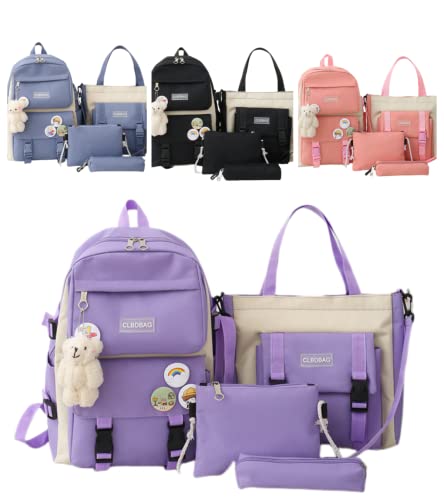 AMZTAN 4Pcs Canvas School Backpack Combo Set for Students with Bear Pendant Handle Shoulder Tote Bag Laptop Schoolbag (Purple)