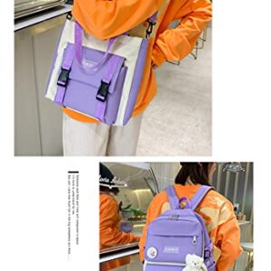 AMZTAN 4Pcs Canvas School Backpack Combo Set for Students with Bear Pendant Handle Shoulder Tote Bag Laptop Schoolbag (Purple)