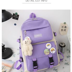 AMZTAN 4Pcs Canvas School Backpack Combo Set for Students with Bear Pendant Handle Shoulder Tote Bag Laptop Schoolbag (Purple)