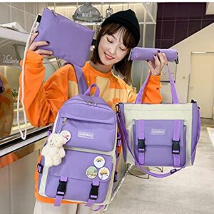 AMZTAN 4Pcs Canvas School Backpack Combo Set for Students with Bear Pendant Handle Shoulder Tote Bag Laptop Schoolbag (Purple)