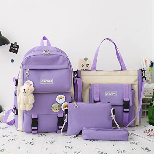 AMZTAN 4Pcs Canvas School Backpack Combo Set for Students with Bear Pendant Handle Shoulder Tote Bag Laptop Schoolbag (Purple)