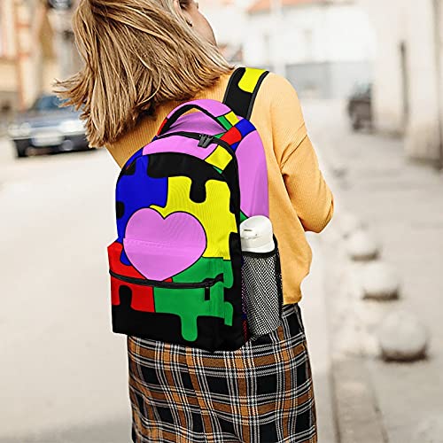 Heart Puzzle Autism Awareness Large Capacity Study Backpack Book Bag Daypack With Adjustable Padded Straps For Travel School Camping