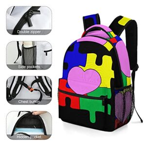 Heart Puzzle Autism Awareness Large Capacity Study Backpack Book Bag Daypack With Adjustable Padded Straps For Travel School Camping