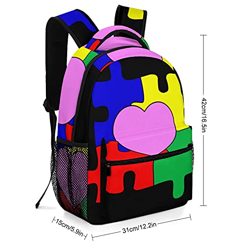 Heart Puzzle Autism Awareness Large Capacity Study Backpack Book Bag Daypack With Adjustable Padded Straps For Travel School Camping