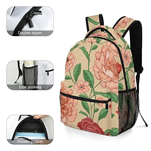 Travel Laptop Backpack School Bag Floral Roses Peonies Victorian Style Large Capacity Business Ddurable Water Resistant College Laptop iPad Tablet Bag for Men and Women