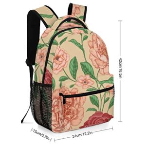 Travel Laptop Backpack School Bag Floral Roses Peonies Victorian Style Large Capacity Business Ddurable Water Resistant College Laptop iPad Tablet Bag for Men and Women