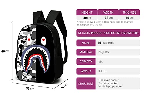 NEDOIAA Shark Backpack Lightweight Waterproof Bookbag Gifts 16 Inch Fashion Laptop Backpack, Black