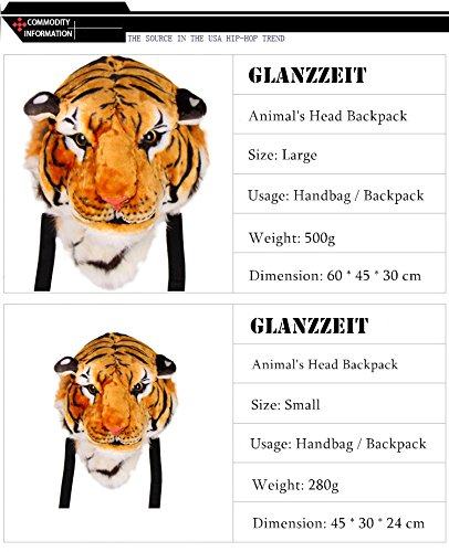 Glanzzeit 3D Animal Head Backpack Cool Design Panda Tiger Lion Panther Knapsack (Small, Tiger)