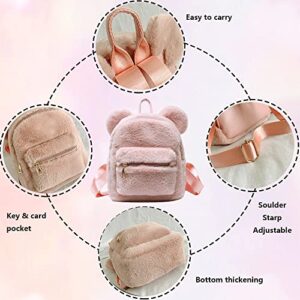 Girls Cute Bear Fuzzy Backpack Women Kawaii Soft Furry Casual Daypack Mini Plush Schoolbag Back To School Gifts for Girl (White,20*15*26cm)