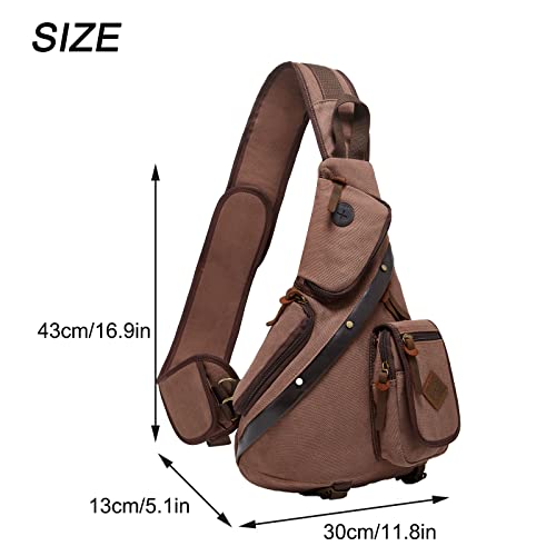 AONIJIE Canvas Crossbody Sling Backpack,Multi-pockrt Shoulder Chest Bags Casual One Strap Daypacks for Men Outdoor Camping Hiking,Coffee