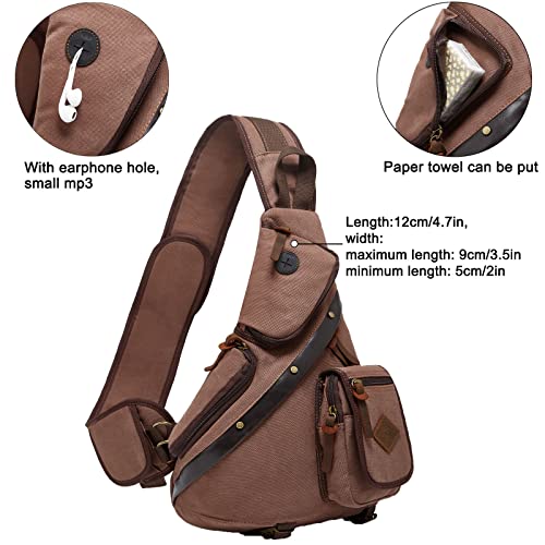 AONIJIE Canvas Crossbody Sling Backpack,Multi-pockrt Shoulder Chest Bags Casual One Strap Daypacks for Men Outdoor Camping Hiking,Coffee