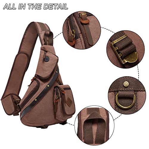 AONIJIE Canvas Crossbody Sling Backpack,Multi-pockrt Shoulder Chest Bags Casual One Strap Daypacks for Men Outdoor Camping Hiking,Coffee