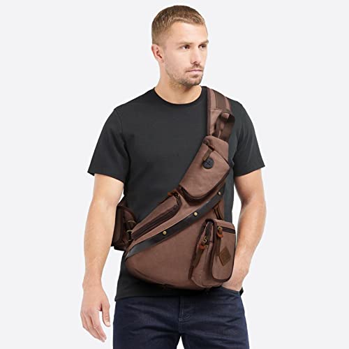 AONIJIE Canvas Crossbody Sling Backpack,Multi-pockrt Shoulder Chest Bags Casual One Strap Daypacks for Men Outdoor Camping Hiking,Coffee