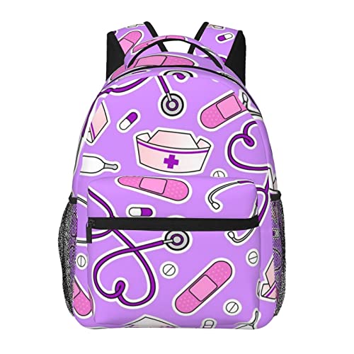 DMORJ Nurse Pattern Purple Lightweight Casual Student Backpack =>> Light And Portable, Suitable For School, Work, Weekend Vacation, Travel, 7.8x11.4x15.7 Inch