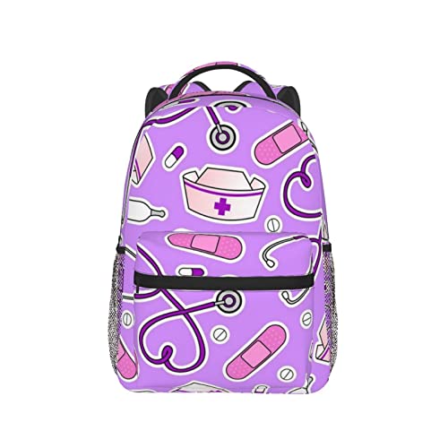 DMORJ Nurse Pattern Purple Lightweight Casual Student Backpack =>> Light And Portable, Suitable For School, Work, Weekend Vacation, Travel, 7.8x11.4x15.7 Inch