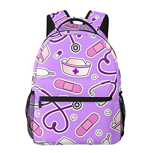 DMORJ Nurse Pattern Purple Lightweight Casual Student Backpack =>> Light And Portable, Suitable For School, Work, Weekend Vacation, Travel, 7.8x11.4x15.7 Inch