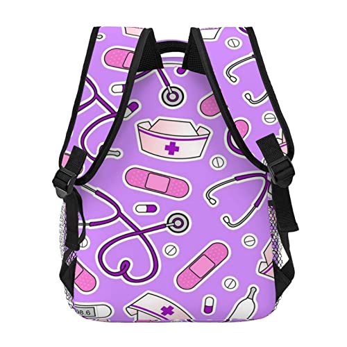 DMORJ Nurse Pattern Purple Lightweight Casual Student Backpack =>> Light And Portable, Suitable For School, Work, Weekend Vacation, Travel, 7.8x11.4x15.7 Inch