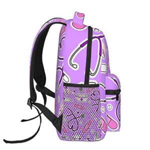 DMORJ Nurse Pattern Purple Lightweight Casual Student Backpack =>> Light And Portable, Suitable For School, Work, Weekend Vacation, Travel, 7.8x11.4x15.7 Inch