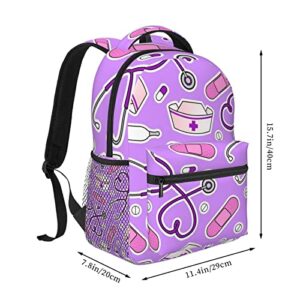 DMORJ Nurse Pattern Purple Lightweight Casual Student Backpack =>> Light And Portable, Suitable For School, Work, Weekend Vacation, Travel, 7.8x11.4x15.7 Inch