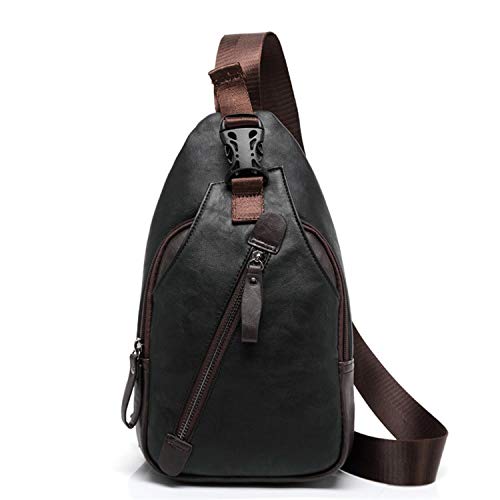 Mens Sling Bag Leather Chest Bag Shoulder Backpack Cross Body Travel (Black)