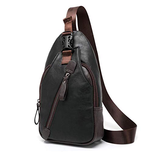 Mens Sling Bag Leather Chest Bag Shoulder Backpack Cross Body Travel (Black)