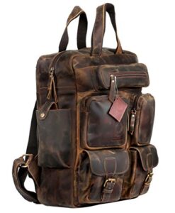 ruzioon vintage buffalo leather backpack multi pockets travel bag for men/women