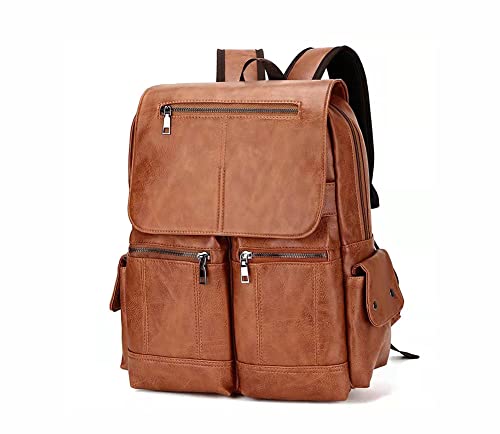 ENYIWH Men Backpack Purse Leather Vintage Multi Pockets Travel Bag Laptop Large Capacity Business Casual (Light Brown)