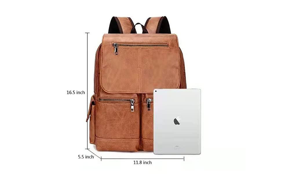 ENYIWH Men Backpack Purse Leather Vintage Multi Pockets Travel Bag Laptop Large Capacity Business Casual (Light Brown)