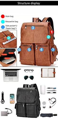 ENYIWH Men Backpack Purse Leather Vintage Multi Pockets Travel Bag Laptop Large Capacity Business Casual (Light Brown)